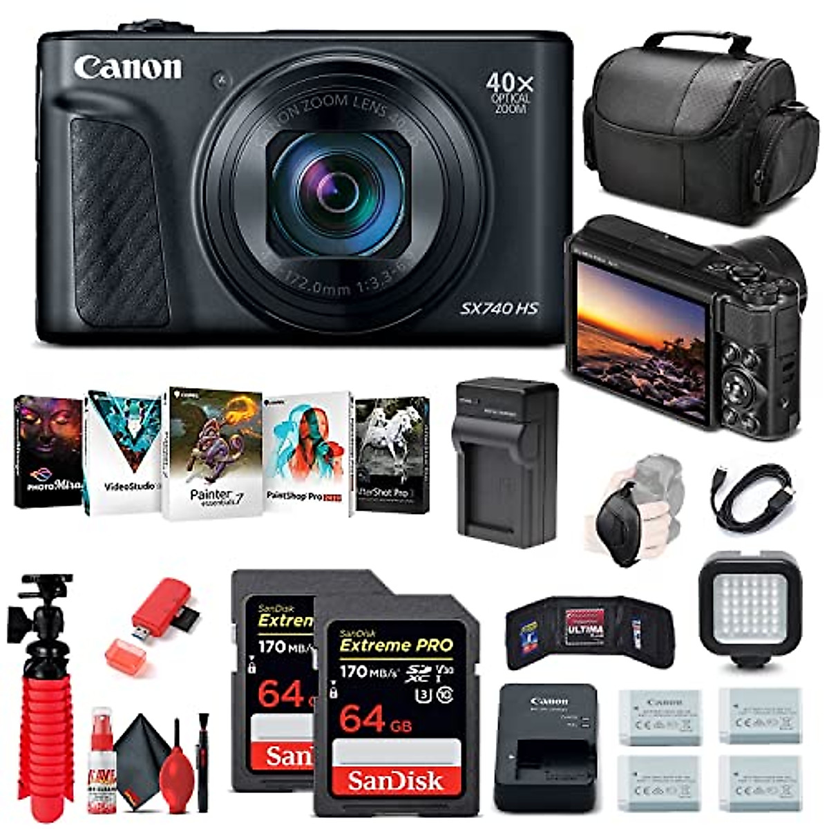 Canon PowerShot SX740 HS Digital Camera (Black) (2955C001) + 2 x 64GB Cards + 3 x NB13L Batteries + Corel Photo Software + Charger + Card Reader + Light + Bag + More (International Model) (Renewed)