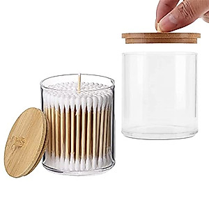 JIEQIJIAJU 2 Pack Acrylic Qtip Holders, Large Cotton Round Holder with Bamboo Lid Clear Apothecary Jars Bathroom Canister Storage for Q-Tips, Cotton Pads & Swab, Hair Ties, Makeup Brush Organizing