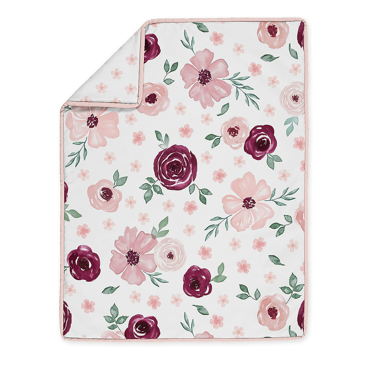 Sweet Jojo Designs Burgundy Watercolor Floral Baby Girl Nursery Crib Bedding Set - 4 Pieces - Blush Pink, Maroon, Wine, Rose, Green and White Shabby Chic Flower Farmhouse