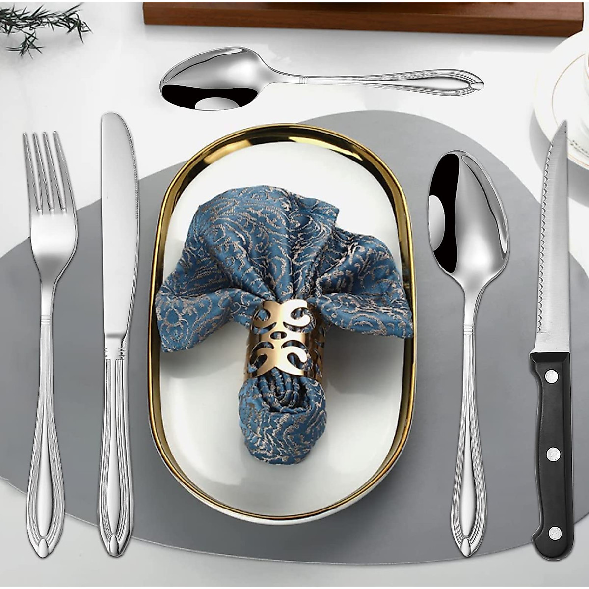 Silverware Set with Steak Knives, Caliamary 24-Piece Stainless Steel Flatware Cutlery Set for 4, Kitchen Cutlery Set for Home Kitchen Restaurant Hotel, Mirror Polished, Dishwasher Safe