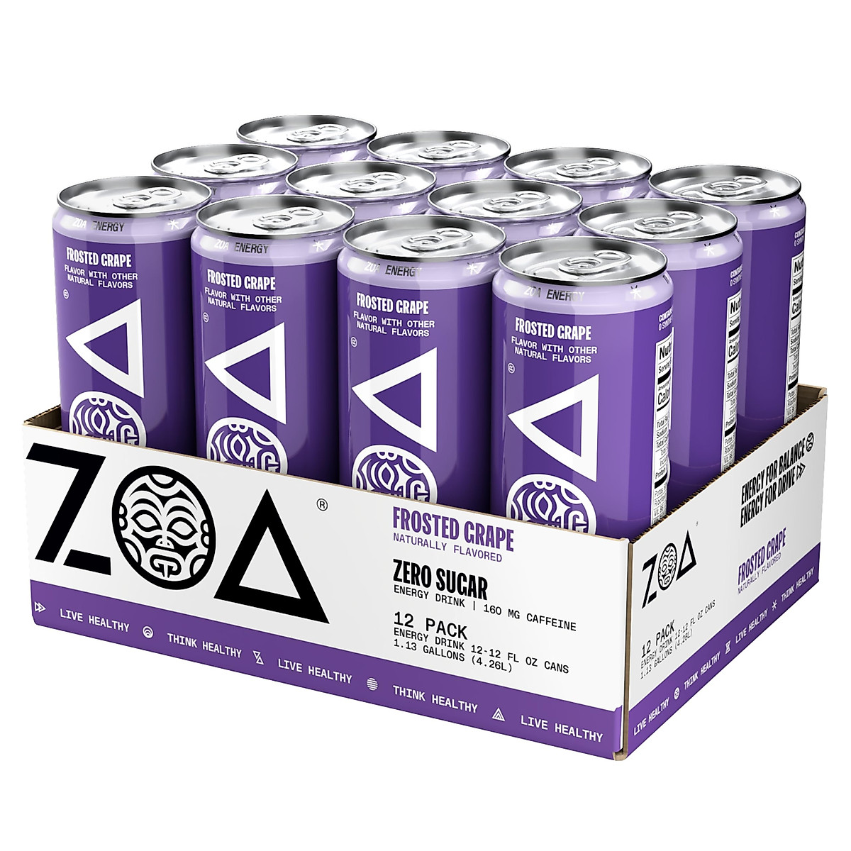 ZOA Zero Sugar Energy Drinks, Frosted Grape - Sugar Free with Electrolytes, Healthy Vitamin C, Amino Acids, Essential B-Vitamins, and Caffeine from Green Tea - 12 Fl Oz (12-Pack)