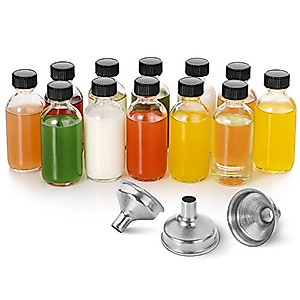 12 Pack, 2 oz Small Clear Glass Bottles with Lids & 3 Stainless Steel Funnels - 60ml Boston Round Sample Bottles for Potion, Juice, Ginger Shots, Oils, Whiskey, Liquids - Mini Travel Bottles, NO Leakage