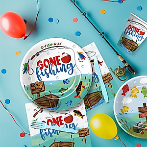 Xenorik Gone Fishing Party Decorations Tableware - Fish Fishing Birthday Party Supplies, Paper Plate, Cup, Napkin, Fork, Little Fisherman Fishing Birthday Baby Shower Table Decorations | Serve 24
