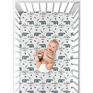 Sweet Jojo Designs Bear Mountain Boy Jersey Stretch Knit Baby Fitted Crib Sheet for Soft Toddler Bed Nursery - Slate Blue and Black Woodland Forest Animal
