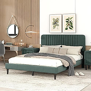 OPTOUGH Queen Upholstered Platform Bed with Headboard, Velvet Queen Size Bed Frame with Wooden Slats/Noise-Free/No Box Spring Needed, Green