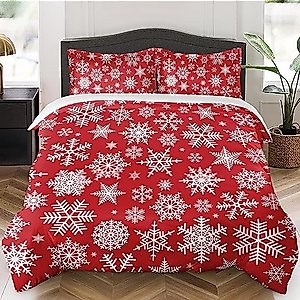 Duvet Cover Queen Size, Christmas Snowflakes Red Merry Bedding Set with Zipper Closure for Kids and Adults, Winter Xmas Crystal Comforter Cover with 2 Pillow Shams for Bedroom Bed Decor