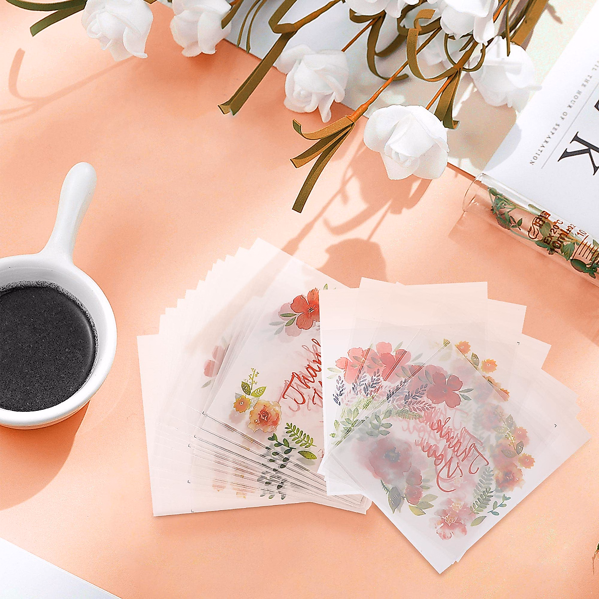 NUOMI 100Pcs Resealable Cellophane Bags Self Adhesive Cello Bags 'Thank You' Printed Poly Cookies Bags for Dessert, Party Treats, Bakery, Candle, Soap, 5.5"X6.7"