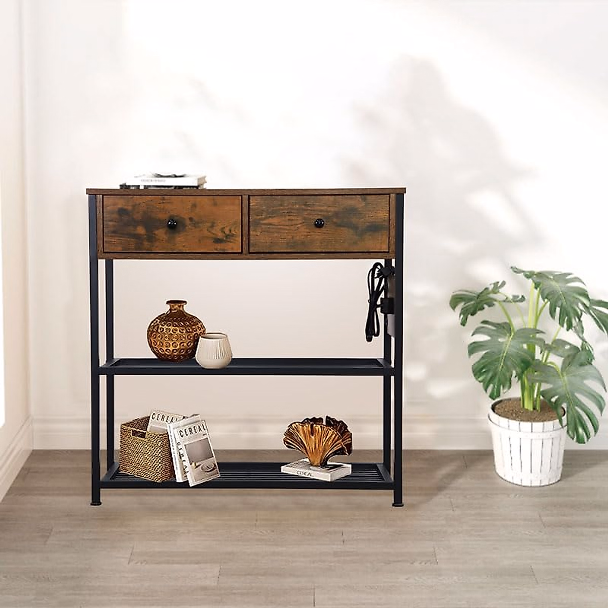 Industrial Entryway Console Table with Drawers, Shelves, AC Outlets, and USB Ports - Ultimate Sideboard Buffet Cabinet for Living Room, Foyer, Hallway - Stylish Storage Solution
