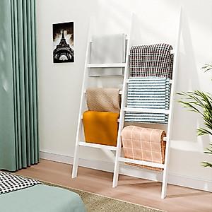 Daflymaco Blanket Ladder for Living Room - 10-Tier Bamboo Wood Blanket Ladder Quilt Ladder Rack Modern Decor Wall Leaning Ladder for Blankets Easy Assembly Blanket Holder for Home Bathroom White