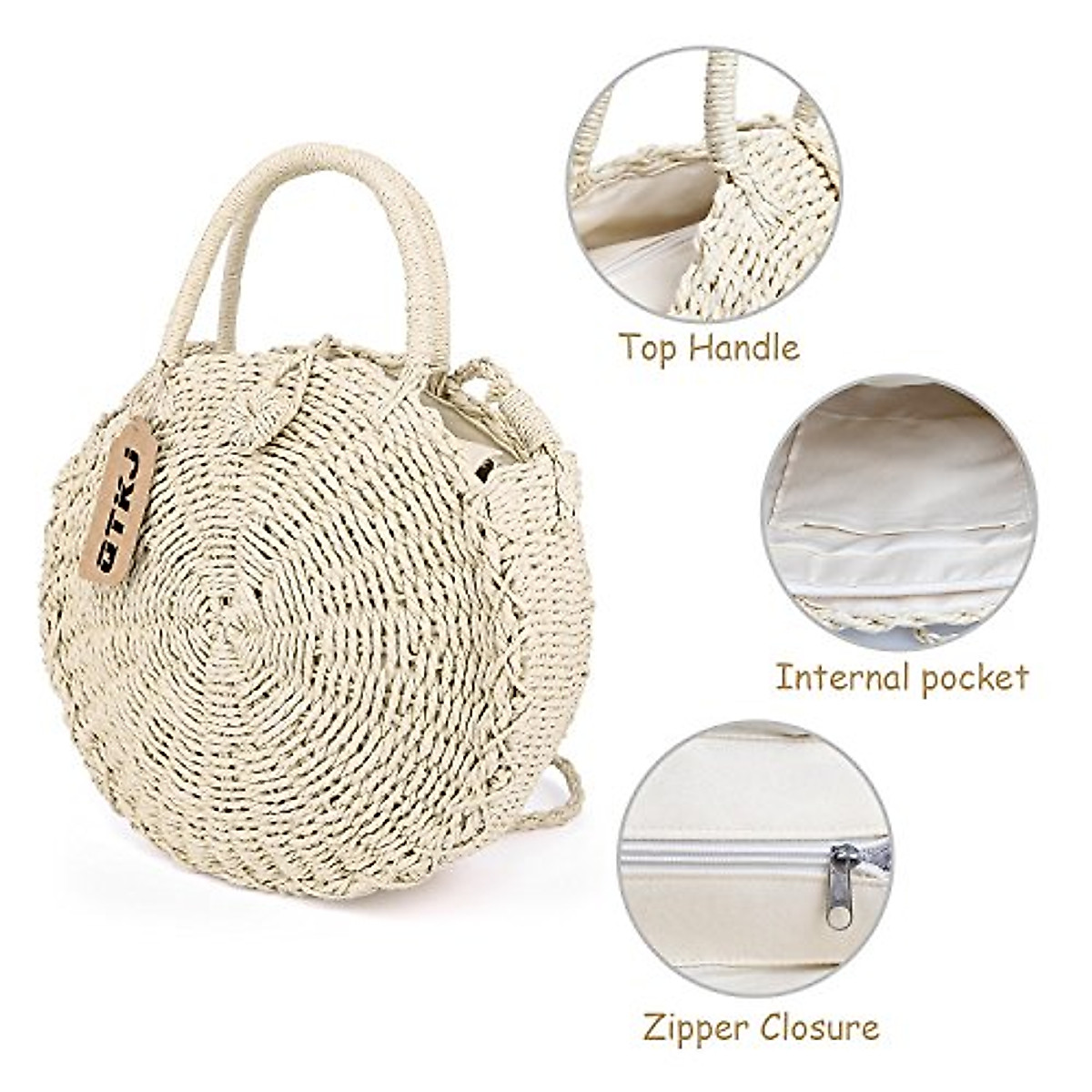 QTKJ Summer Beach Round Rattan Bag, Hand Woven Bali Straw Tote Crossbody Handbag for Womens
