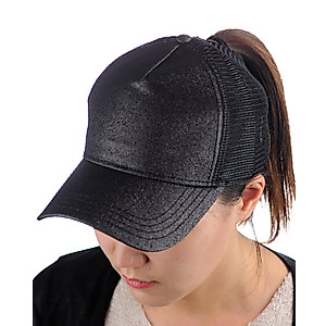 C.C Ponycap Messy High Bun Ponytail Adjustable Glitter Mesh Trucker Baseball Cap, Black