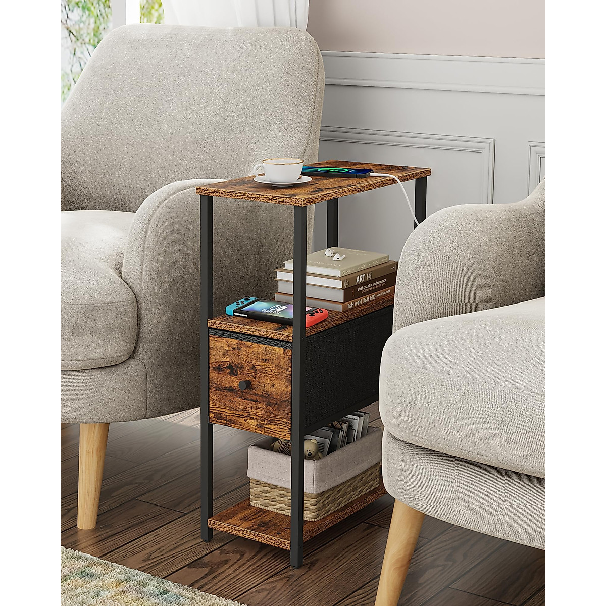 TUTOTAK Set of 2 Small Narrow End Table, Side Table, Nightstand with Cloth Drawer, Couch Table, for Living Room, Bedroom, Bedside, Brown TB01BB057
