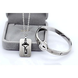 Uloveido His and Hers Matching Set Couple Titanium Only You Have My Key Bangle Bracelet Lock and Key Necklace Set for Girlfriend and Boyfriend SN300