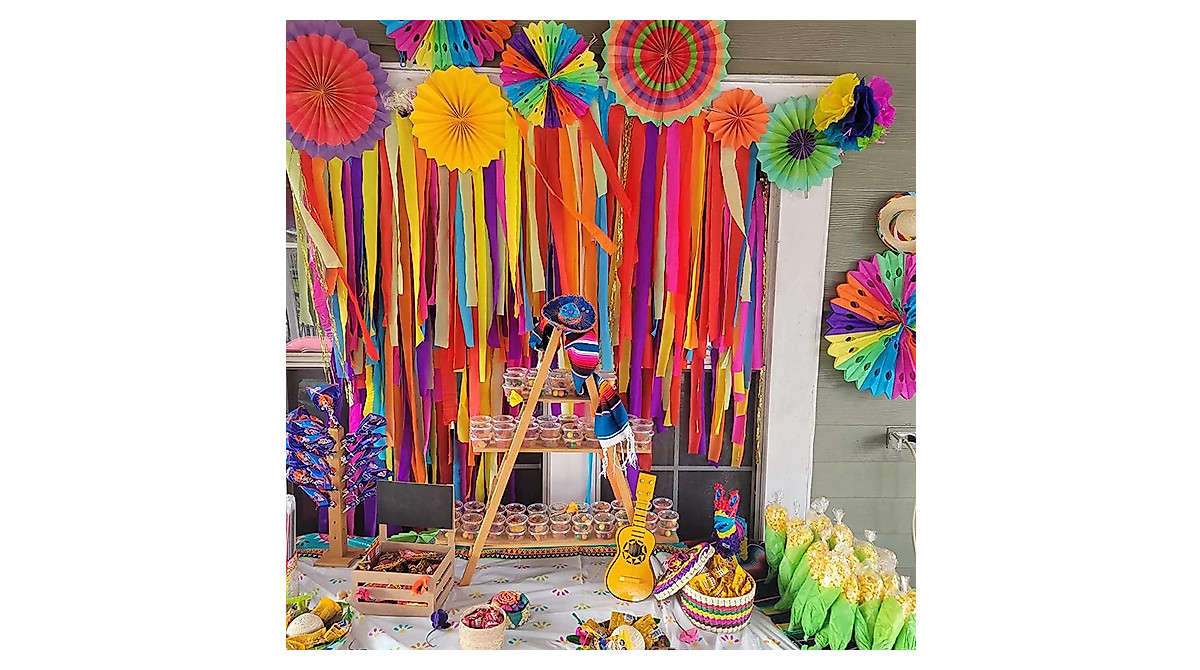 Fiesta Party Decorations with Paper Fans and Banner | Mexican Fiesta Decor