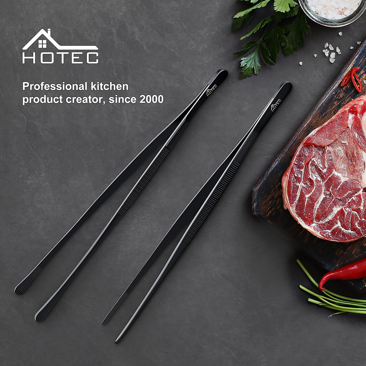 Hotec Kitchen Tweezers Stainless Steel Fine Kitchen Tongs for Cooking, 12-Inch Extra-Long Cooking Tweezers Food Tongs Set of 2, Black