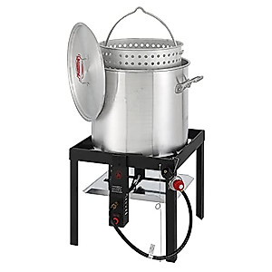 FEASTO 100QT Aluminum Boil Kit with Basket Perfect for Seafood Boiling and Steaming, Outdoor Propane Gas Cooker with Adjustable 0-10 PSI Regulator, Non-Assembly Frame Stand