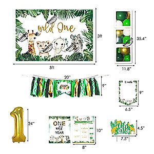 Wild One Birthday Decorations Supplies, Jungle Theme First Birthday Decoration, Wild One Backdrop High Chair Banner, First Birthday Balloon Box for 1st Birthday Boy Girls Decorations, Jungle Safari 1st Birthday Party Supplies
