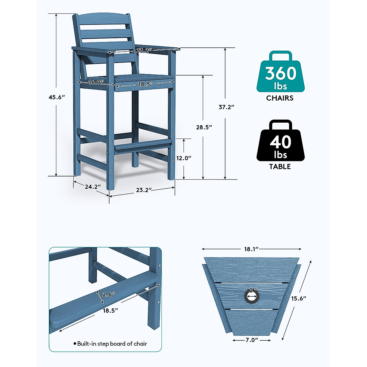 SERWALL Tall Adirondack Chairs Set of 2 with Connecting Table, Blue
