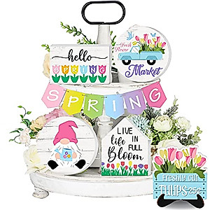 15 Pcs Spring Tiered Tray Decor Set Pride Day Tiered Tray Decor Hello Spring Wooden Signs Colorful Rainbow Wooden Blocks Love Wins Wooden Signs with Holder for Kitchen Shelf House Decor (Spring)