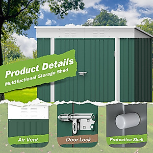 Greesum Outdoor Storage Shed 6x4FT All Weather Metal Garden Shed with Lockable Double Doors for Garden Tools, Toys and Sundries, Green