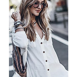 Chalier Women's Loose Long Sleeve Cover Ups Button Down Sleep Shirt Beach Up SwimSuit Dress, White, Small