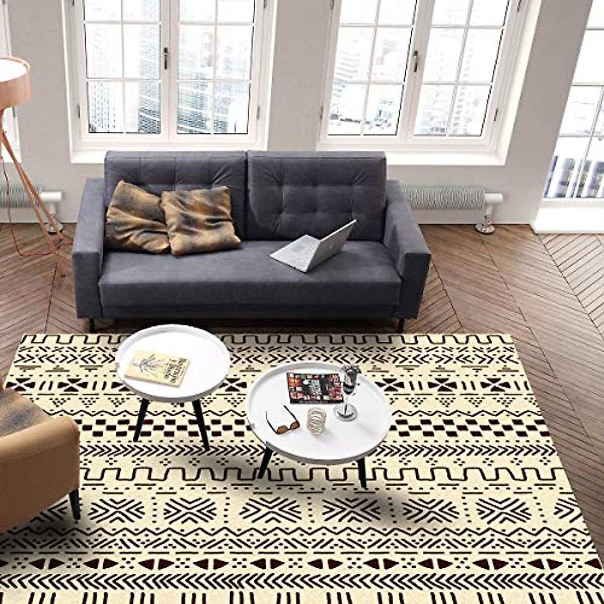 YOKOU Indoor Area Rugs, Geometric Pattern Arrica Traditional Culture Brown Beige Non-Slip Rectangle Accent Area Rug for Bedroom Living Room Kids Room Play Room 5'x8'