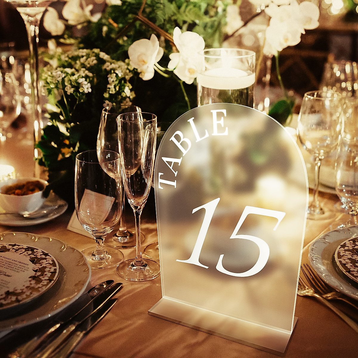 Table Numbers 1-20 with Display Stand, Acrylic Sheets with White Printed Calligraphy Number and Frosted, Arch Shape Design for Party Decor, Wedding Reception, Anniversary, & Other Event Guest Seating