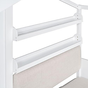 EOVTK Twin Size Kids House Bed with Upholstered Sofa, 2 Drawers and Storage Shelves, Wood Multifunctional Montessori Bed with Safety Guardrail for Boys Girls, White