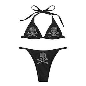WDIRARA Women's Skull Pattern Halter Triangle Thong Sexy 2 Piece Bikini Swimsuit Black L
