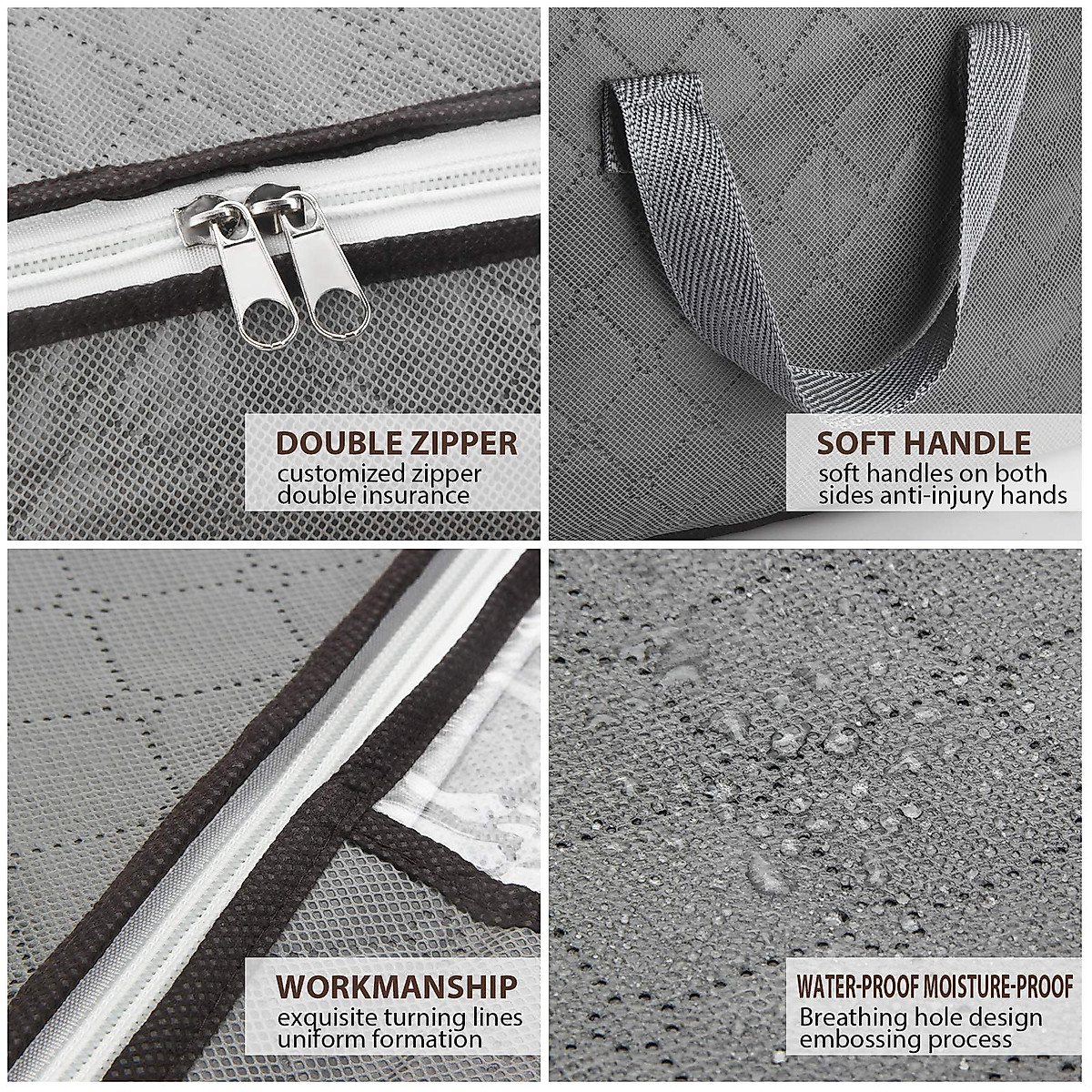 Awekris 4-Pack Clothes Organizer Bag, Large Capacity Foldable Storage Bag Comforter Storage Bags With Divide Interior, Reinforced Handle, Stainless Steel Zippers, Clear Window for Blankets, 90L Grey