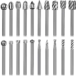 QLOUNI 20pcs Rotary Bit Burrs Set HSS Tungsten Carbide Wood Milling Burrs with 1/8’’(3mm) Shank for DIY Woodworking, Carving, Engraving, Drilling