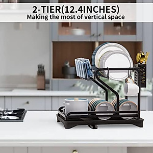Dish Drying Rack,2-Tier Dish Racks for Kitchen Counter with Drainboard ,Multifunctional Dish Drainer Set with Utensils Holder and Glasses Holder, Stable Dish Strainers with Extra Drying Mat (Black)