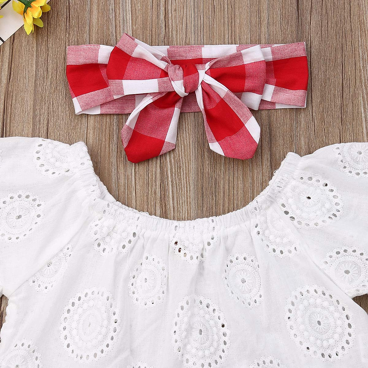 YANGLU Infant Baby Girl Off Shoulder Lace Tops+Plaid Shorts Skirts Tutu Dress Outfits Summer Clothes (White Top+Red Plaid Shorts, 6-12 Months)