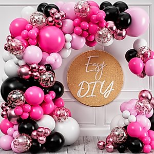 ALL-IN-1 Pink Black and White Balloons Garland & Arch Kit – Small and Large White, Black and Pink balloons – Hot Pink and Black Party Decorations for Birthday, Boss Baby, Mean Girls, Barbie, Minnie
