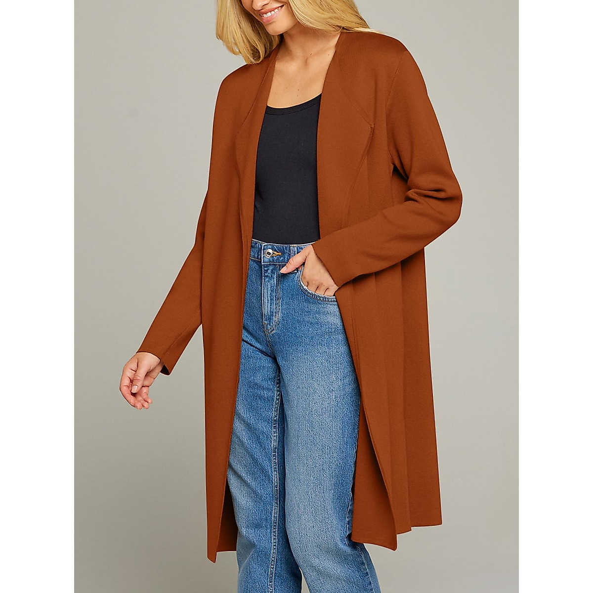 MEROKEETY Womens Fall Long Sleeve Dressy Cardigan Classy Loose Cozy Knitted Long Sweater Jackets, Caramel, L