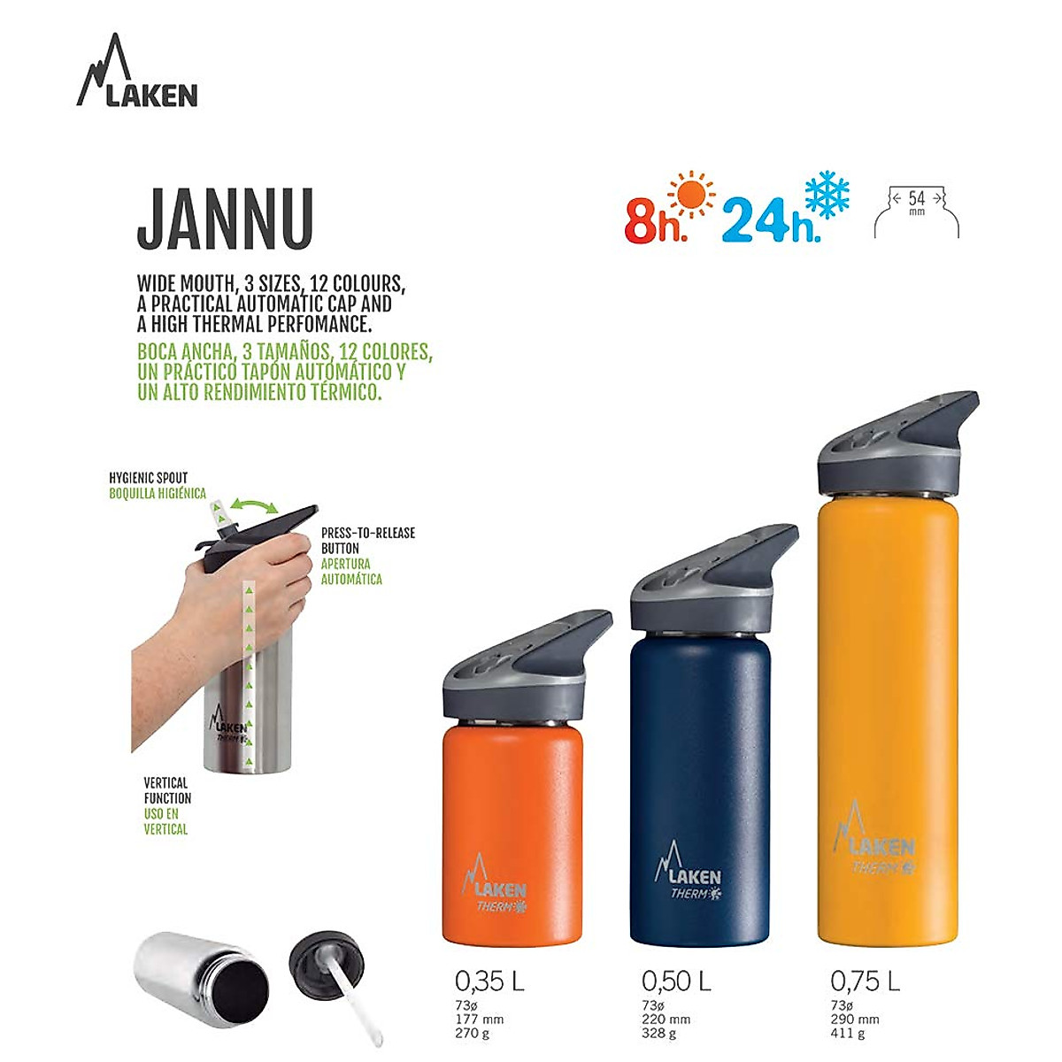 Laken Thermo Kids Vacuum Insulated Stainless Steel Leak Free Sports Water Bottle with Jannu Straw Cap, 17 oz, Green