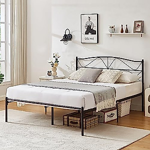VECELO Queen Size Bed Frame, Metal Bed Platform with Headboard, Sturdy Steel Slats Support, No Box Spring Needed/Noise-Free,Easy Assembly, Black