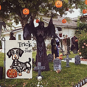 Halloween Trick or Treat Garden Flag Ghost Dog 12x18 Inch Small Double Sided Burlap Welcome Yard Dachshund Skeleton Outside Decorations DF342