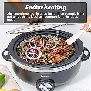 ICOOK USC-35-OP001BK 3.5 Quart Slow Cooker,Aluminium Sear/Sauté Stew Pot Stovetop safe,Dishwasher Safe,Glass Lid,Adjustable Temp,Food Warmer,Black