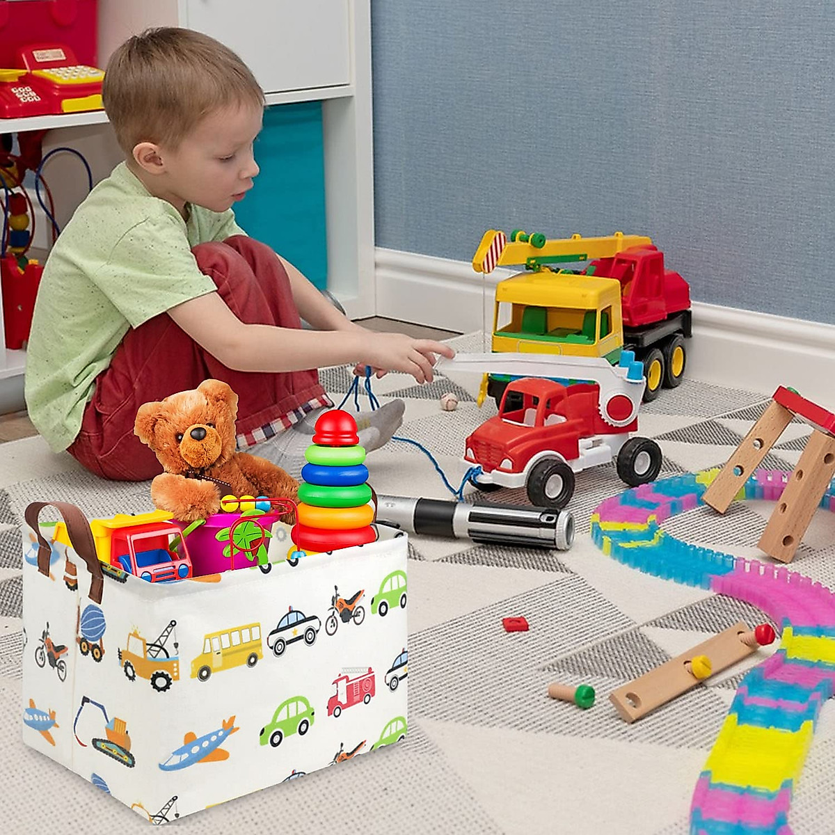 FXOLCSHE Rectangular Storage Bin,Collapsible Car Storage basket for boys,Waterproof PE Coating Storage,bedroom decor,Nursery hamper,Toy Organizer,Gift Basket(Vehicles)