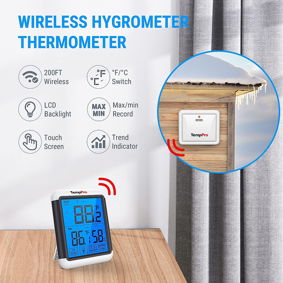TempPro B65S Indoor Outdoor Thermometer Wireless Digital Hygrometer Temperature Sensor Humidity Gauge Monitor with Large Backlight Touchscreen for Home Thermometer