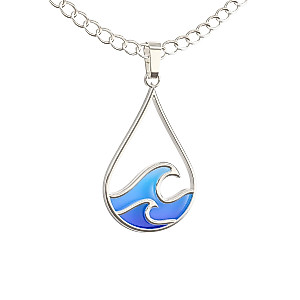 Happy Kisses Silver Wave Necklace - Beach Jewelry for Surfers and Sea Lovers - Motivational Drop Shape Pendant with Gift Message Card
