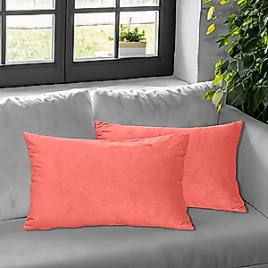 FULDGAENR Velvet Pillow Covers 12x20 Set of 2 for Couch Sofa, Coral Red Cozy Decorative Throw Pillow Covers Sham Lumbar 12 x 20 Inch Soft Solid Cushion Covers for Home Decor