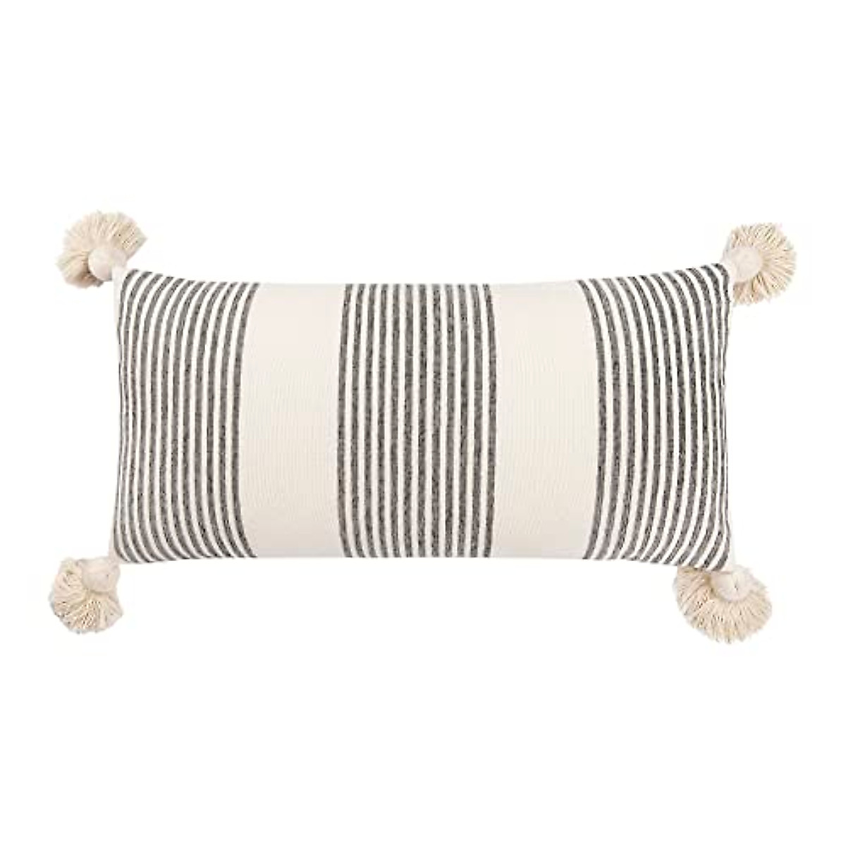 Creative Co-Op Cotton & Chenille Vertical Grey Stripes, Tassels & Solid Cream Back Pillows, 1 Count (Pack of 1)
