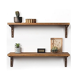 Afuly Wood Shelves for Wall, 24 Inch Rustic Floating Shelf with Wooden Brackets for Bedroom Living Room Kitchen, Wall Mounted Storage Shelving, Natural Solid Wood Home Decor