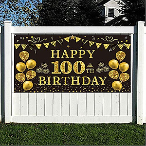 Trgowaul 100th Birthday Decorations for Men Women - Black and Gold 100th Birthday Backdrop Banner 5.9 X 3.6 Fts Happy 100th Birthday Party Supplies Photography Supplies Background