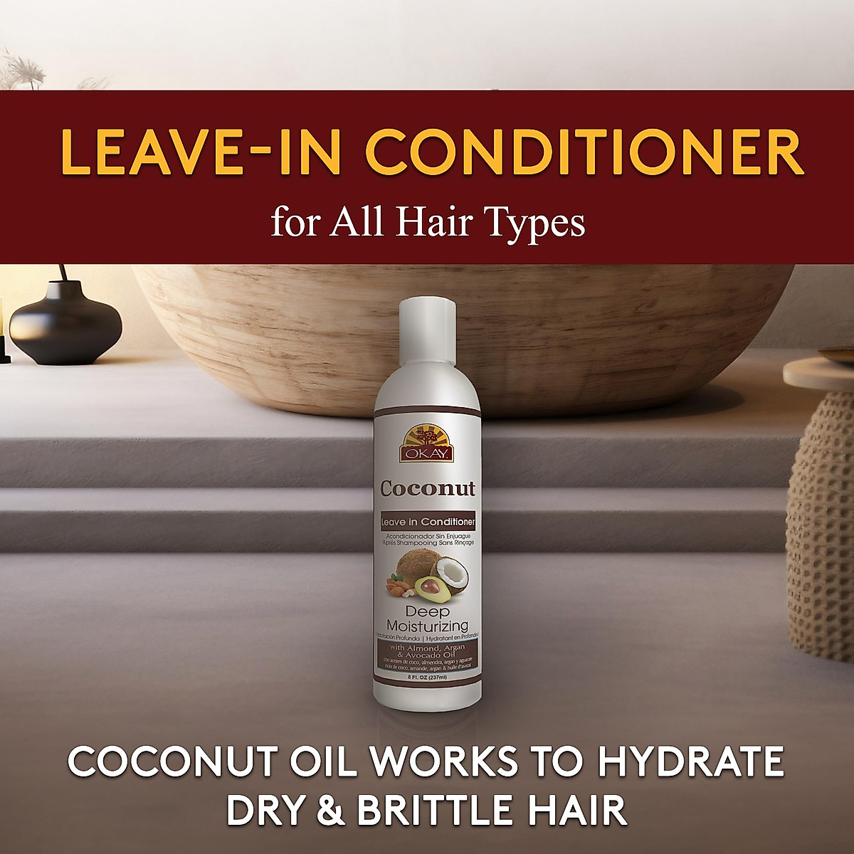 OKAY Coconut Leave In Conditioner - Hair Moisturizer for Women and Men, Contains Castor Seed Oil, Natural Hair Product for Hair Growth, Curly Hair Grease for Smooth, Moisturized Hair - 8 Oz