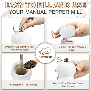 Salt and Pepper Grinder Set of 2 - Wood Salt and Pepper Mill with Adjustable Coarseness Ceramic Core - Manual Salt Grinders Refillable Spice Mills - Pepper Shakers for Sea Salt/Chili/Sesame, 6.5 Inch