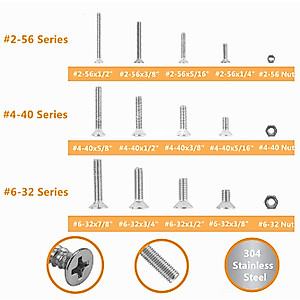 Elantek #2-56#4-40#6-32 UNC Stainless Steel Phillips Flat Head Countersunk Machine Screws Nuts Assortment Kit