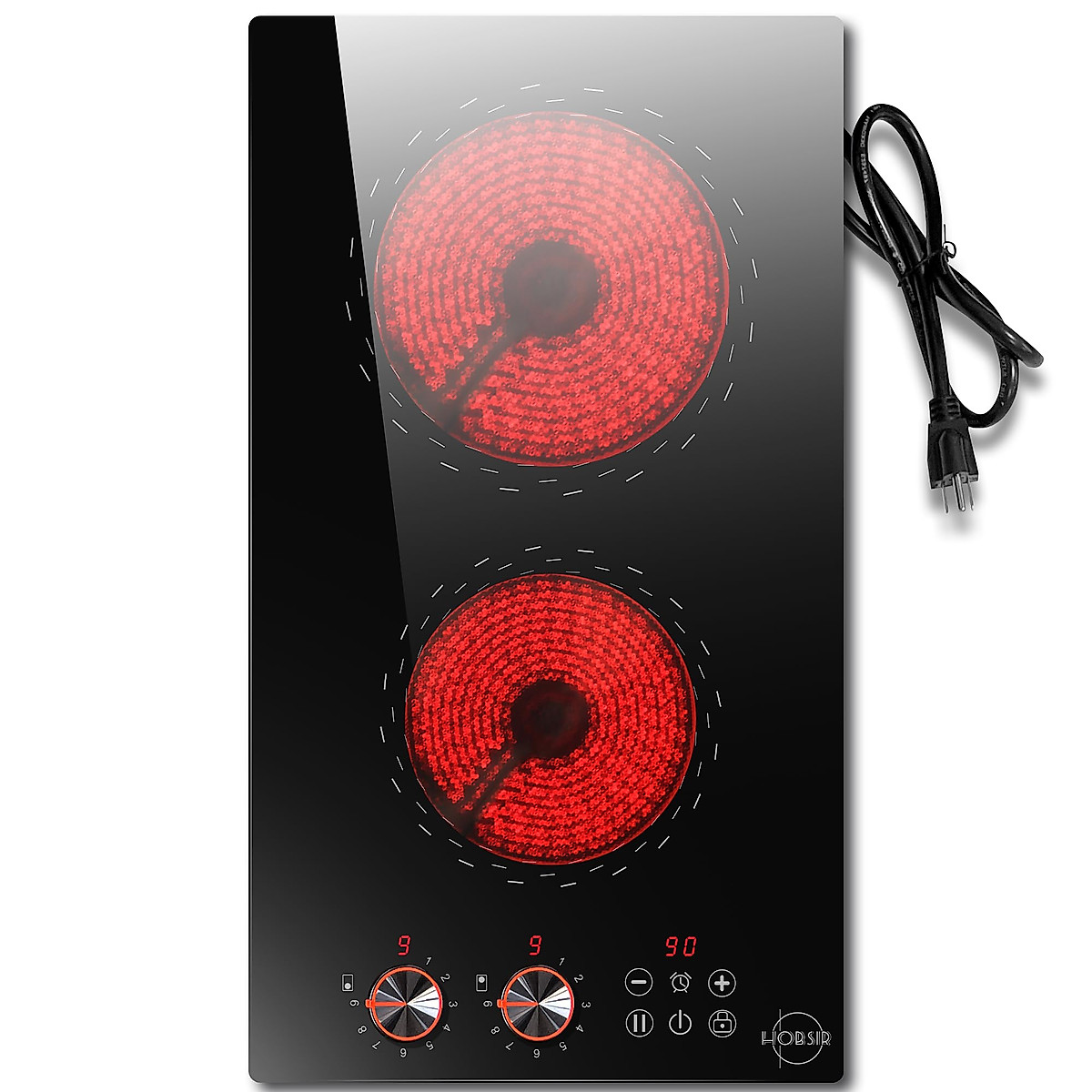 Plug-in 2 Burner Electric Cooktop, 120v Knob Electric Stove Top, 12 Inch Built-in Radiant Electric Stove 110v, Electrics Ceramic Cooktop with Child Safety Lock, Timer, Over-Temperature Protection